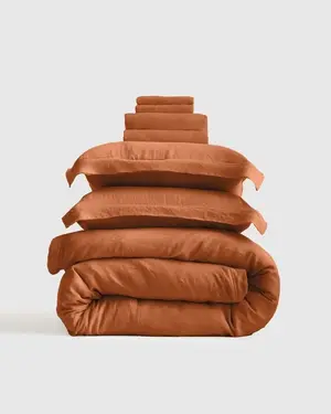 Quince European Linen Double Flange Deluxe Bedding Bundle - Terracotta