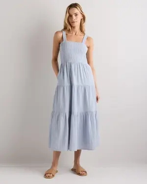 Quince Gauze Smocked Sleeveless Maxi Dress - Blue Gingham