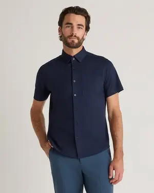 Quince Commuter Stretch Pique Short Sleeve Button-down - Navy