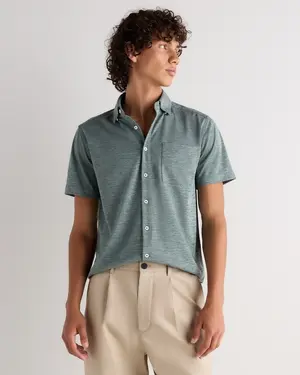 Quince Commuter Stretch Pique Short Sleeve Button-down - Pine Green