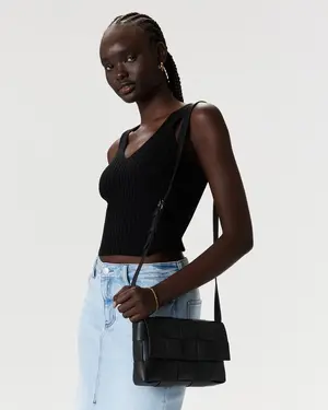 Quince Italian Leather Handwoven Flap Crossbody - Black
