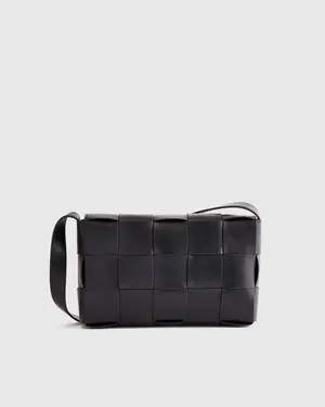 Quince Italian Leather Handwoven Flap Crossbody - Black