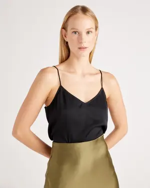 Quince 100% Washable Silk Stretch V-neck Cami Top - Black