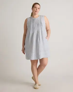 Quince 100% European Linen Sleeveless Swing Dress - Blue Pinstripe