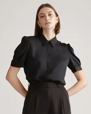 Quince Washable Stretch Silk Puff Sleeve Blouse - Black