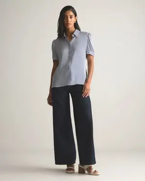 Quince Washable Stretch Silk Puff Sleeve Blouse - Evie Stripe
