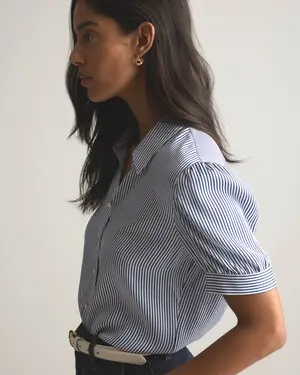 Quince Washable Stretch Silk Puff Sleeve Blouse - Evie Stripe