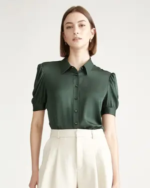 Quince Washable Stretch Silk Puff Sleeve Blouse - Forest Green