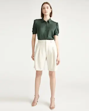 Quince Washable Stretch Silk Puff Sleeve Blouse - Forest Green