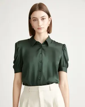 Quince Washable Stretch Silk Puff Sleeve Blouse - Forest Green
