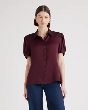 Quince Washable Stretch Silk Puff Sleeve Blouse - Wine Tasting Red