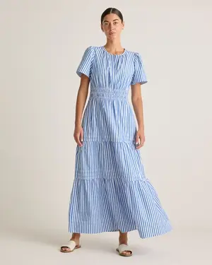 Quince Poplin Tiered Maxi Dress - Azure Stripe