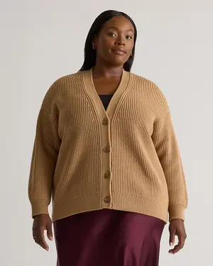 Quince Organic Cotton Oversized Boyfriend Cardigan Sweater - Camel