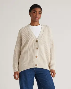 Quince Organic Cotton Oversized Boyfriend Cardigan Sweater - Speckled Beige