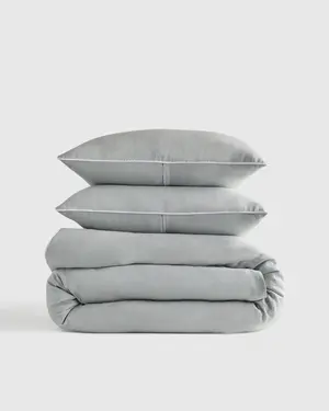 Quince European Linen Piped Duvet Cover Set - Mist/white