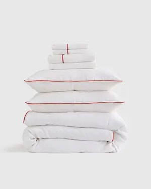 Quince European Linen Piped Duvet Cover Set - White/cherry