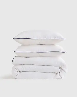 Quince European Linen Piped Duvet Cover Set - White/navy