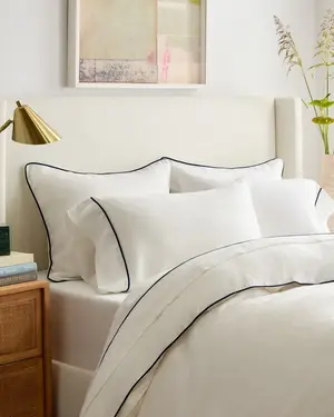 Quince European Linen Piped Duvet Cover Set - White/navy