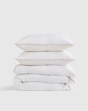 Quince European Linen Piped Duvet Cover Set - White/toffee