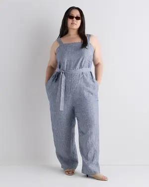 Quince 100% European Linen Square Neck Jumpsuit - Chambray Stripe