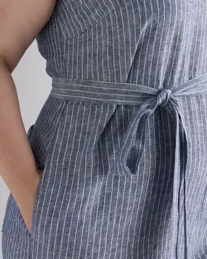 Quince 100% European Linen Square Neck Jumpsuit - Chambray Stripe