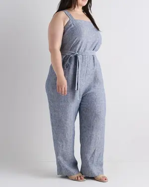 Quince 100% European Linen Square Neck Jumpsuit - Chambray Stripe