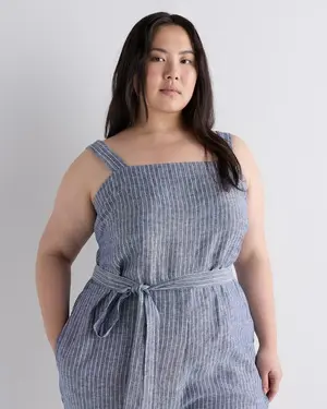 Quince 100% European Linen Square Neck Jumpsuit - Chambray Stripe