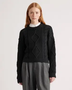 Quince Organic Cotton Cropped Cable Crew Sweater Black