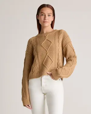 Quince Organic Cotton Cropped Cable Crew Sweater - Camel