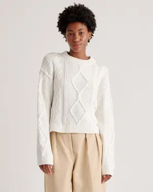 Quince Organic Cotton Cropped Cable Crew Sweater - Ivory