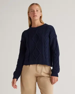 Quince Organic Cotton Cropped Cable Crew Sweater - Navy