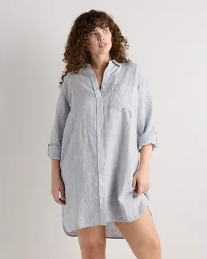 Quince 100% European Linen Shirt Dress - Blue Pinstripe
