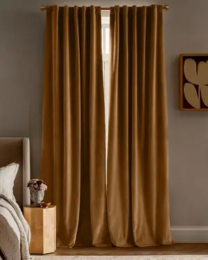 Quince Cotton Velvet Room Darkening Curtain Single Panel - Camel