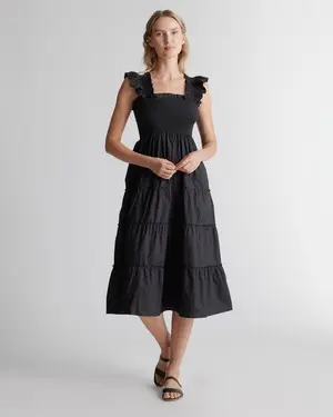 Quince Organic Cotton Poplin Smocked Midi Dress - Black
