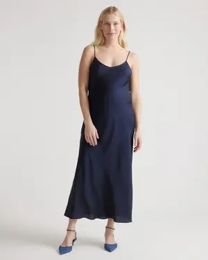 Quince Washable Stretch Silk Maternity Slip Dress Navy