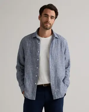 Quince 100% European Linen Relaxed Long Sleeve Shirt - Chambray Stripe