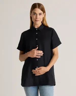 Quince European Linen Maternity Camp Shirt - Black