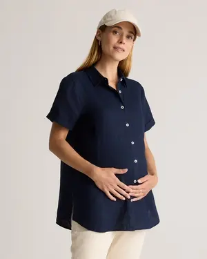 Quince European Linen Maternity Camp Shirt - Deep Navy