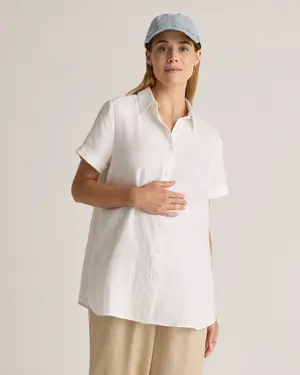 Quince 100% European Linen Maternity Camp Shirt - White