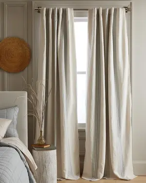 Quince Coastal Stripe Linen Cotton True Blackout Curtain Single Panel Ivory/fog