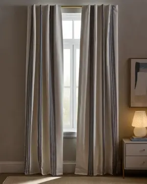Quince Coastal Stripe Linen Cotton True Blackout Curtain Single Panel Ivory/navy