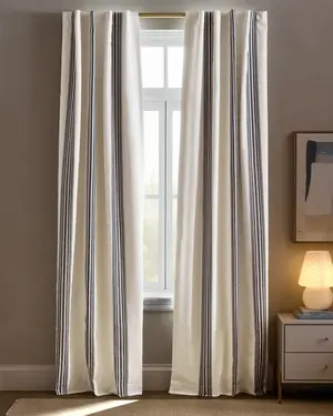 Quince Coastal Stripe Linen Cotton True Blackout Curtain Single Panel Ivory/navy