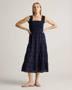 Quince Eyelet Smocked Midi Dress - Navy
