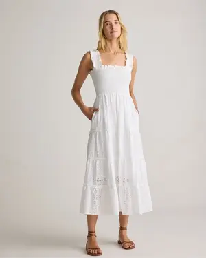 Quince Eyelet Smocked Midi Dress - White