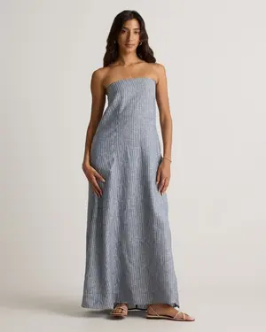 Quince 100% European Linen Strapless Maxi Dress - Chambray Stripe