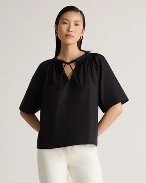 Quince Poplin Split Neck Top - Black