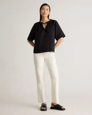 Quince Poplin Split Neck Top - Black