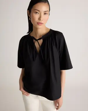 Quince Poplin Split Neck Top - Black