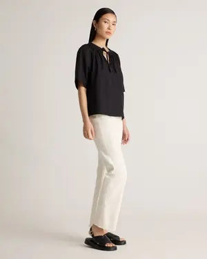 Quince Poplin Split Neck Top - Black