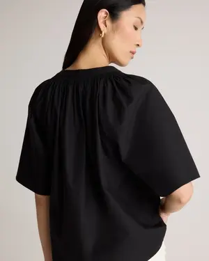 Quince Poplin Split Neck Top - Black